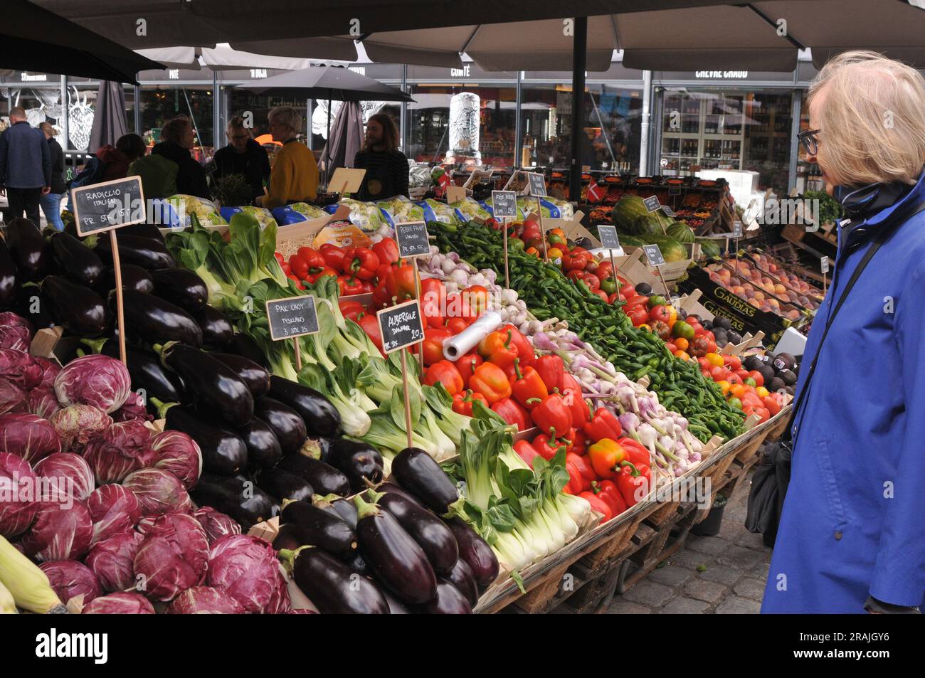 04 July 2023/ Vegetable and fruit shoppers at farmers market in danish ...