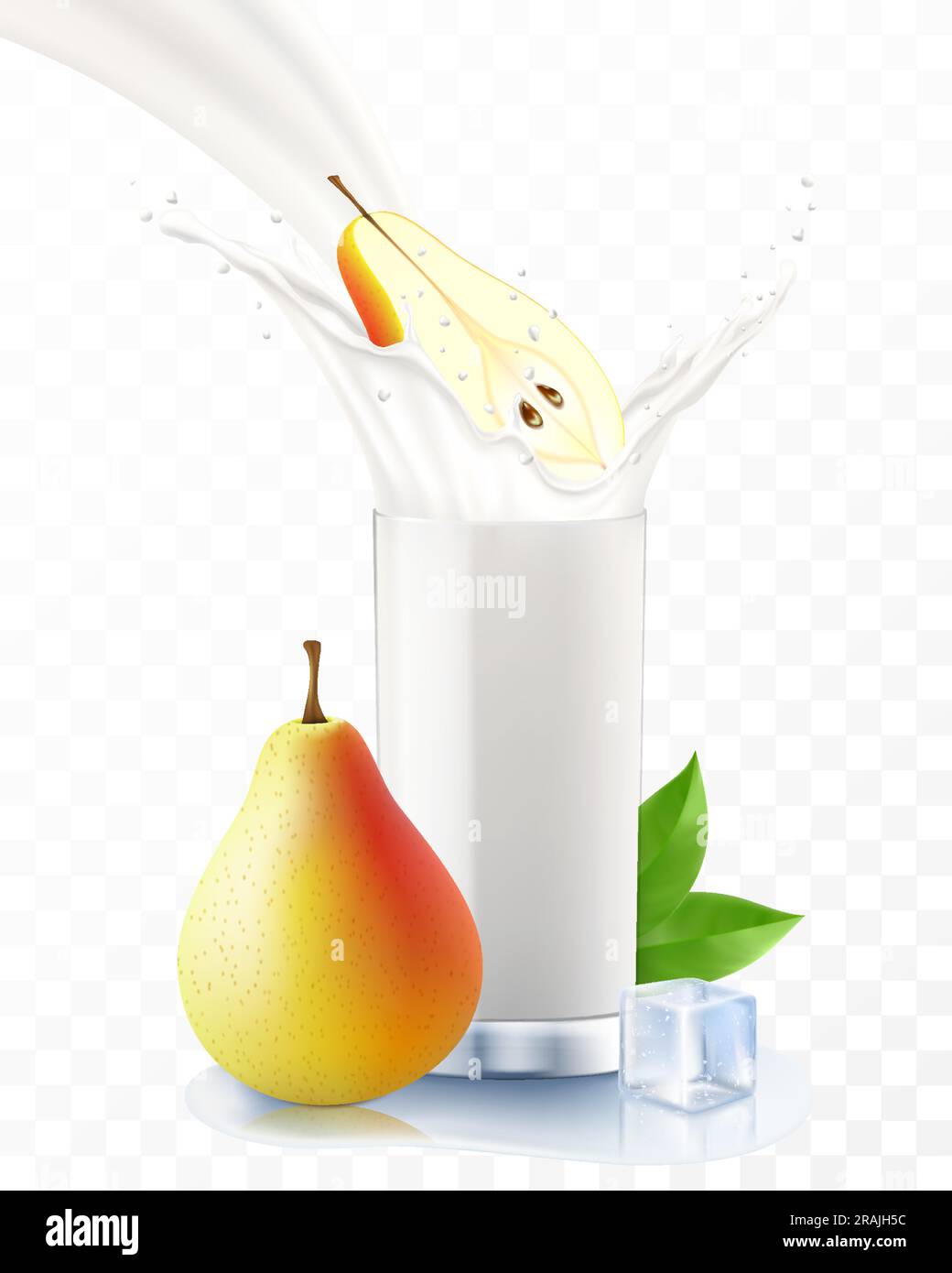 Pear falling in a glass of milk or yogurt. Sweet milk splashes. Fruit ...