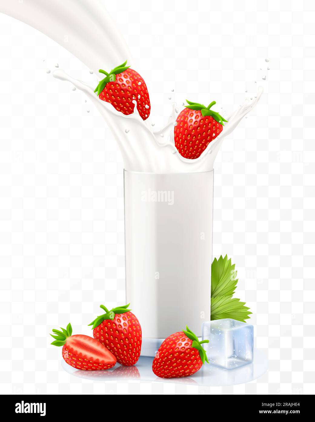 Strawberries falling in a glass of milk or yogurt. Sweet milk splashes. Fruit milkshake ...