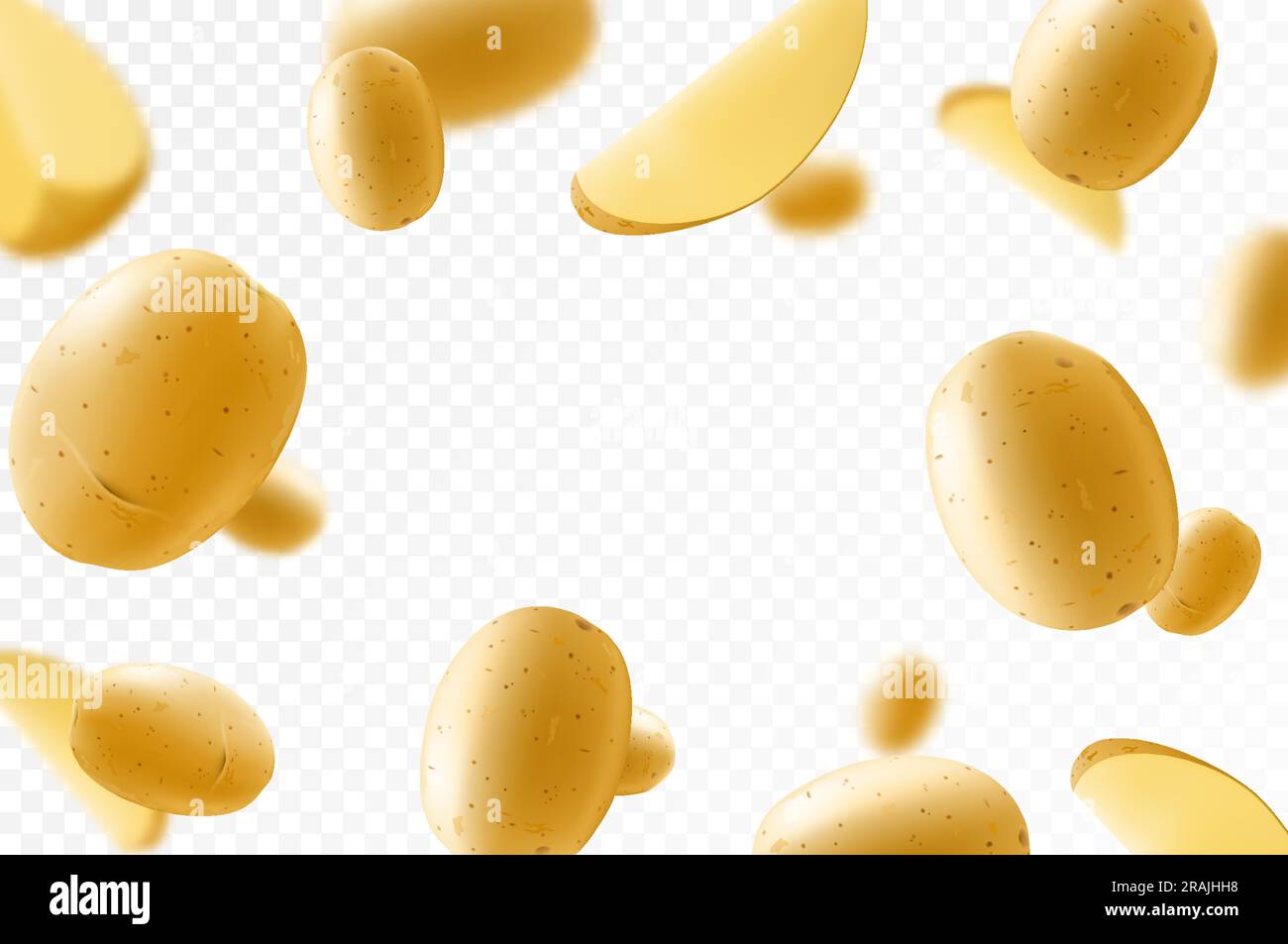 Falling washed raw potatoes, whole vegetables isolated on transparent ...