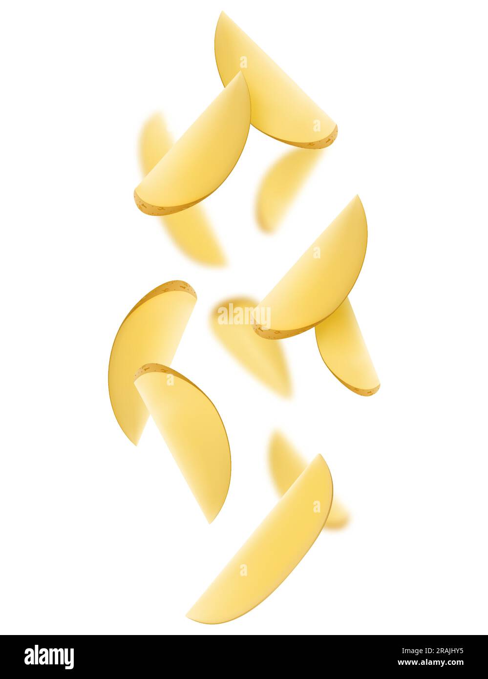 Isolated potato wedges in the air. Unpeeled slices of raw washed potato ...