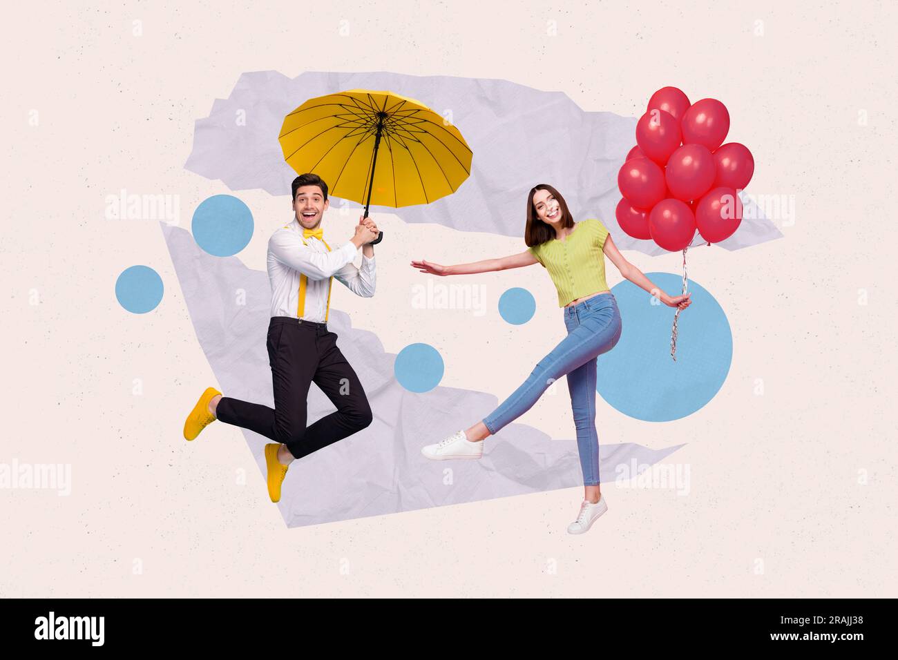 Composite collage image of two cheerful overjoyed people jumping flying ...