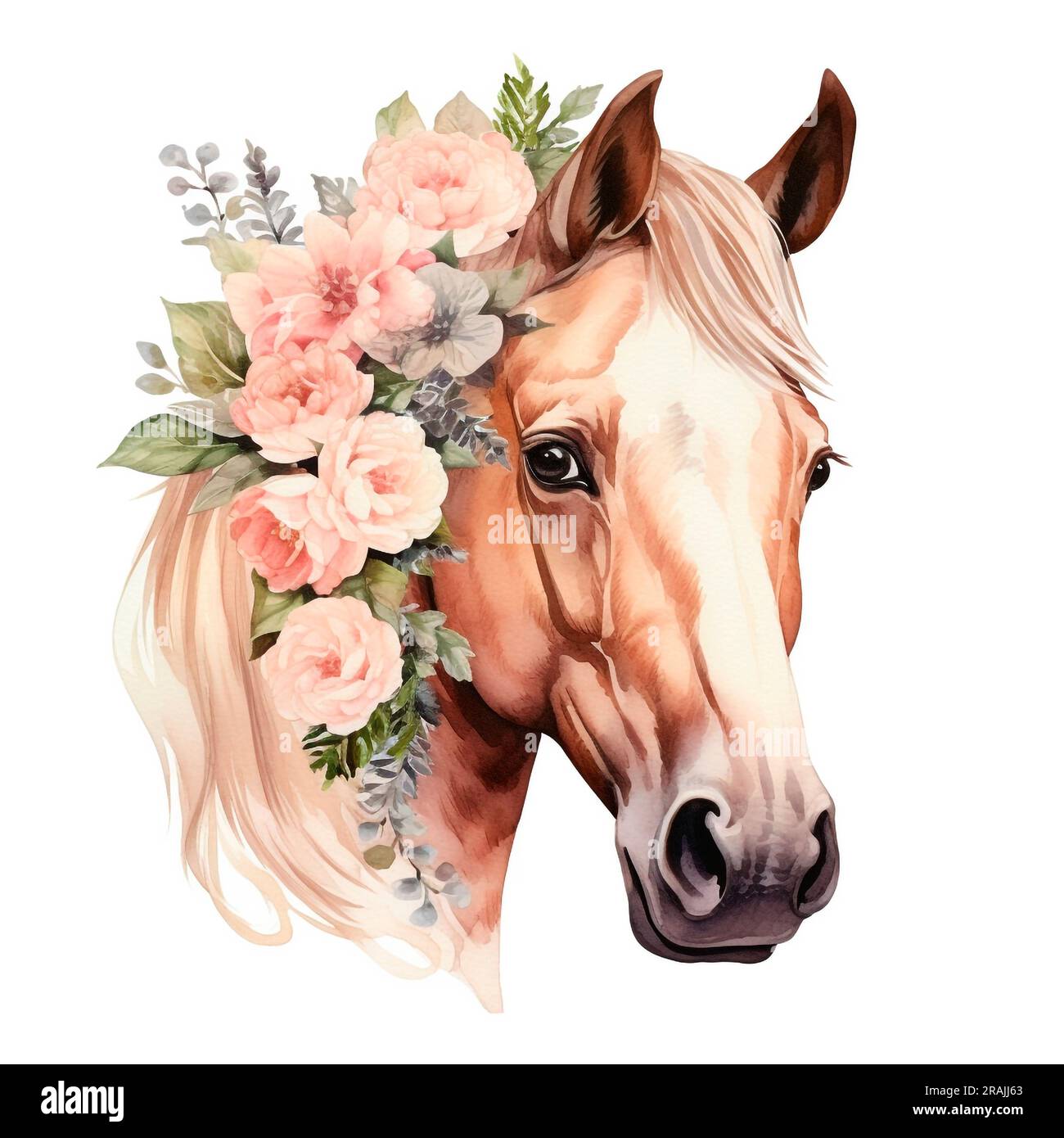 Horse with Flowers. Watercolor Illustration isolated on white ...