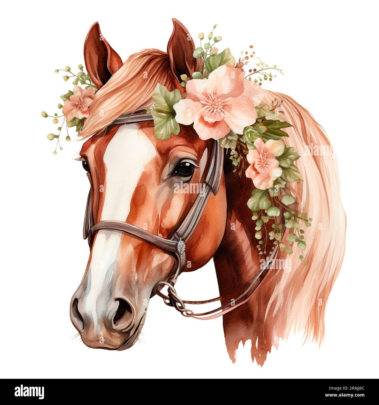 Brown Horse in floral plant spring frame, circle, wreath with peonies ...