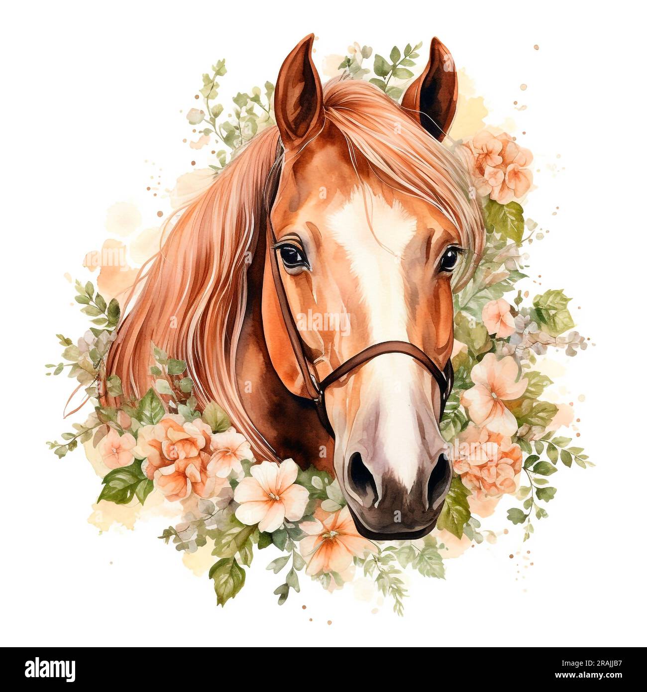 Brown Horse in floral plant spring frame, circle, wreath with peonies ...