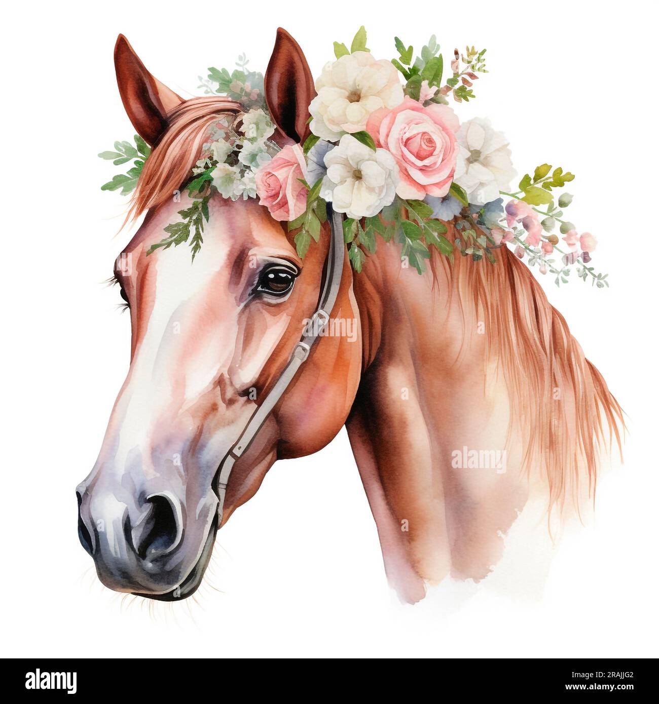 Brown Horse in floral plant spring frame, circle, wreath with peonies ...