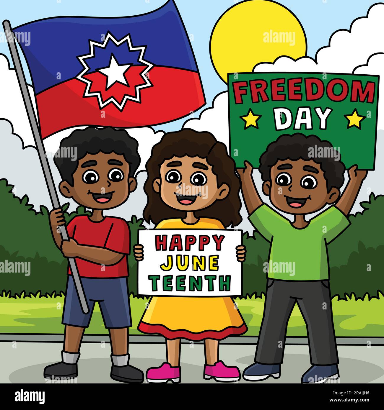 Children Promoting Juneteenth Day Colored Cartoon Stock Vector Image ...