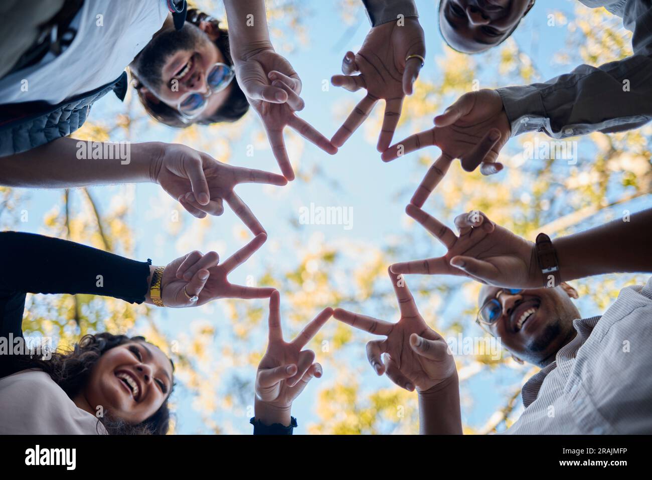 Creative people, hands and star with fingers in teamwork, solidarity or collaboration in nature ...