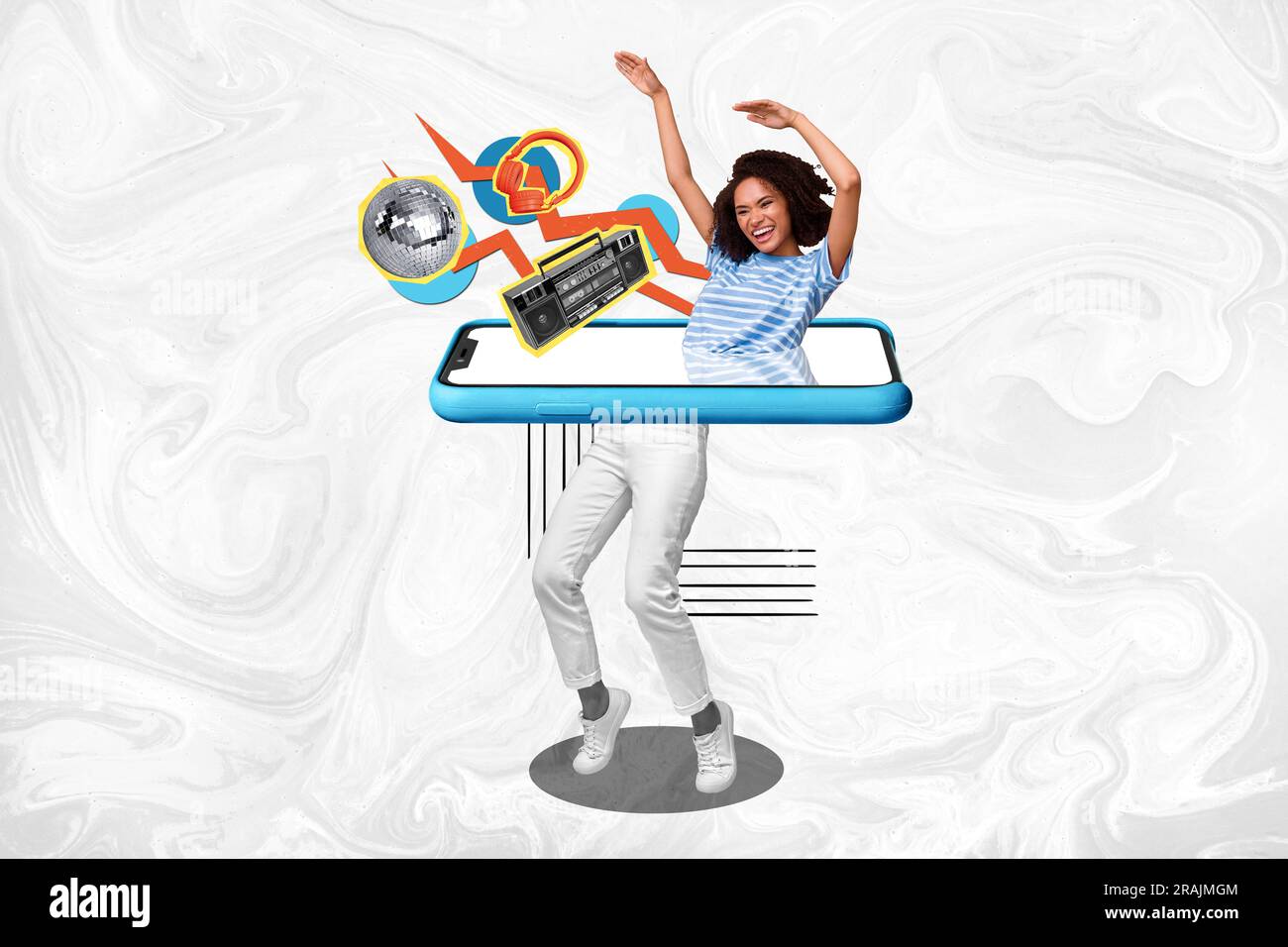 Creative magazine collage image of happy cool lady having fun ordering ...