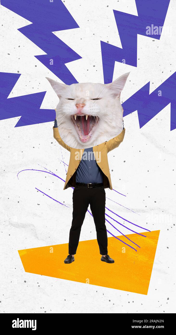 Contemporary art collage. Businessman with cat muzzle expressing anger ...