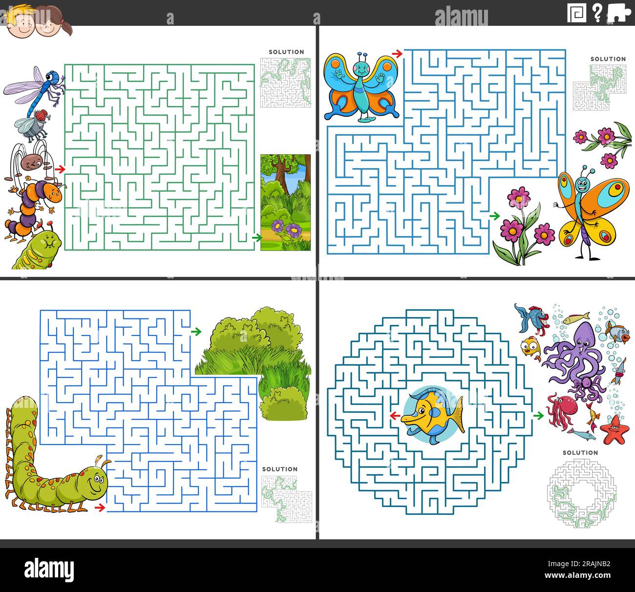 Cartoon illustration of educational maze puzzle activities set with ...