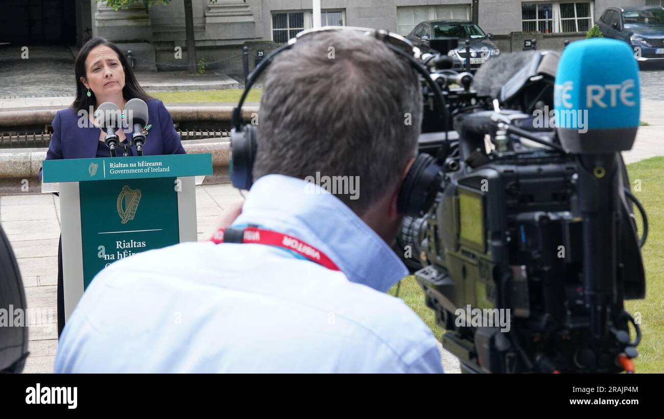 Media Minister Catherine Martin speaking to the media outside ...
