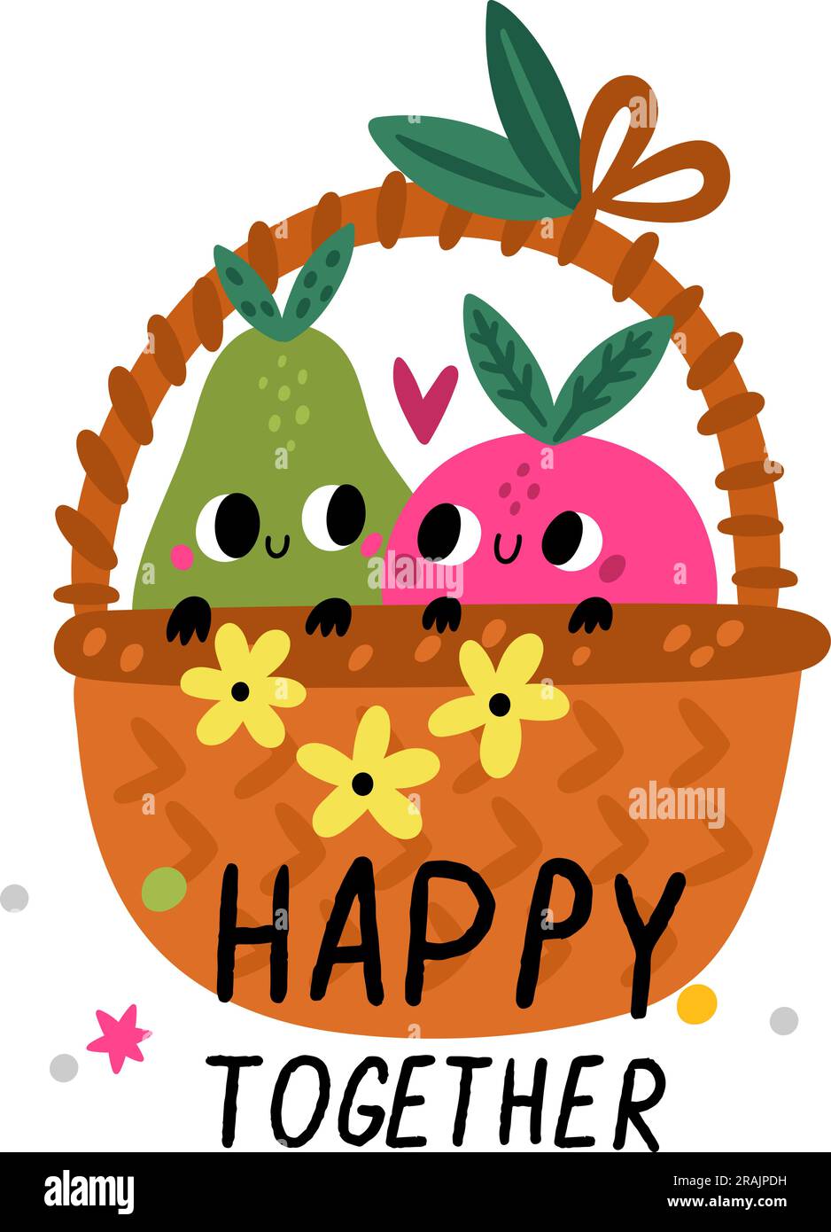 Cute fruits character emblem. Funny friends couple in basket. Happy ...