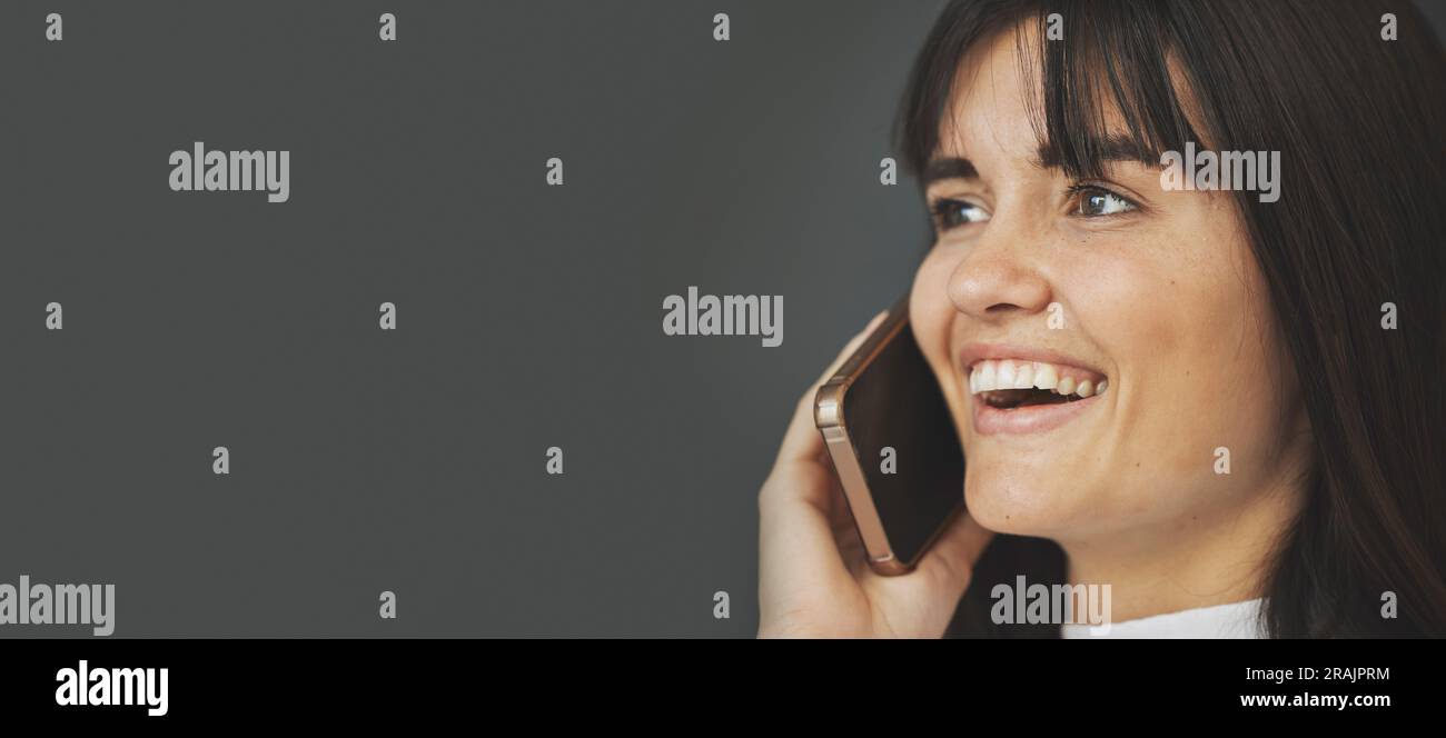 Happy woman, face and phone call on mockup space for communication ...