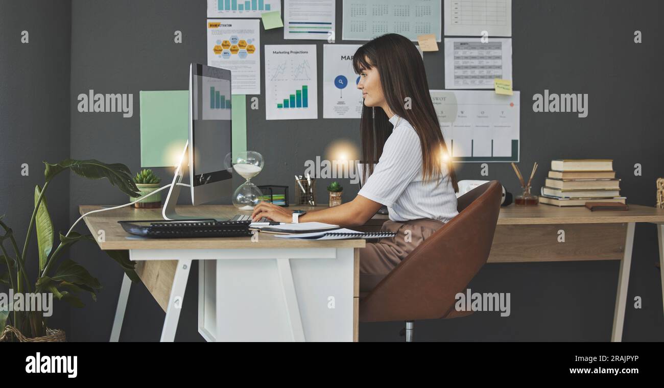 Woman, analytics and data analyst working from home, computer and ...