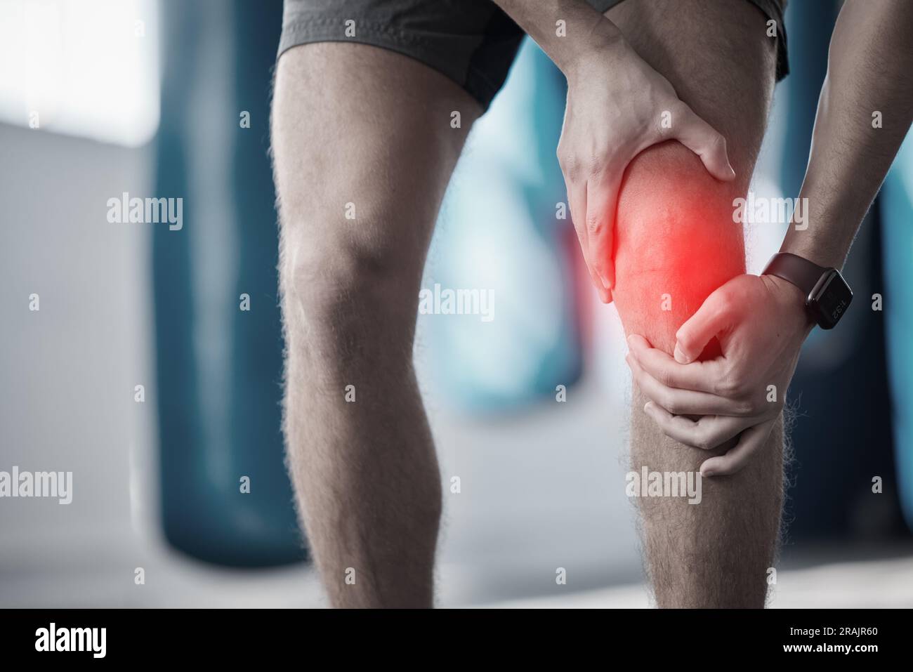 Fitness, closeup and man with a knee injury, accident or pain after a ...
