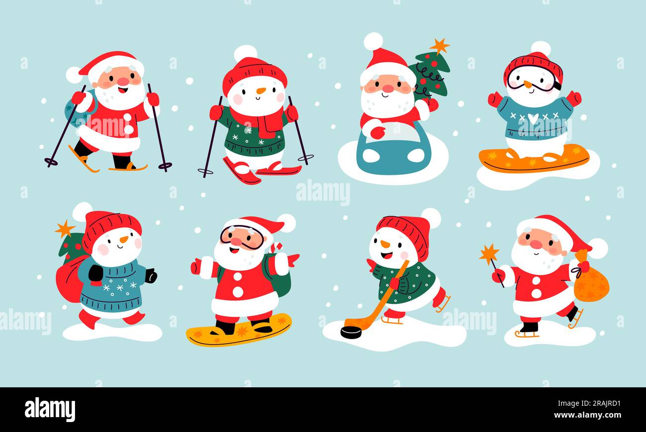 Sporting snowman and Santa Claus. Holiday symbols. Athletic Xmas ...