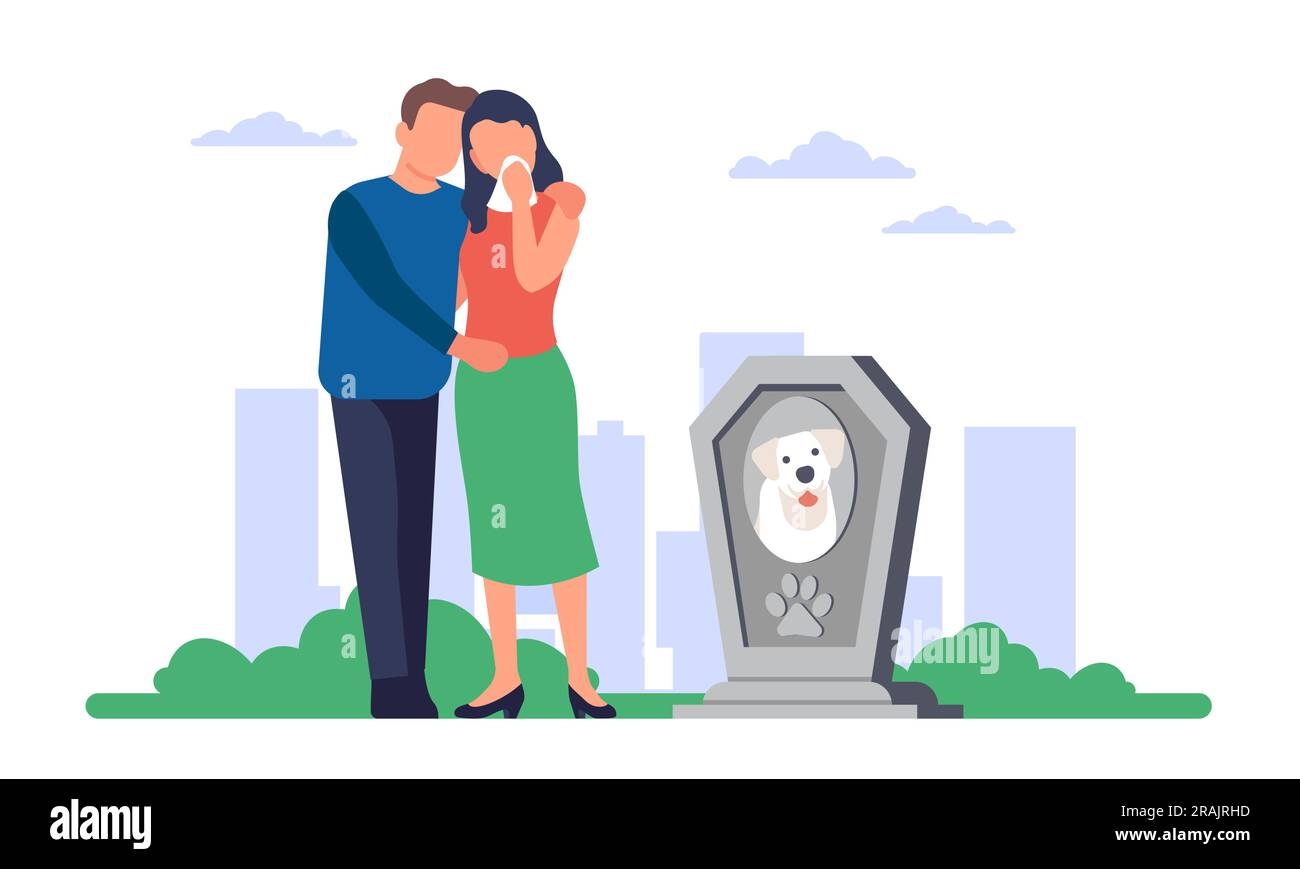 Sad young male and female couple standing near grave of their dog in ...