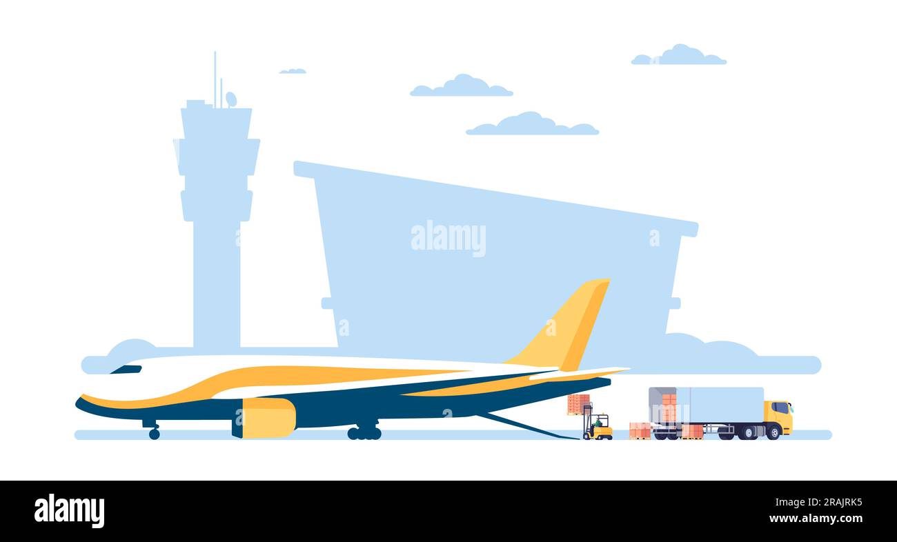 Unloading cargo plane at airport. Freight airplane loading. Aircraft or ...
