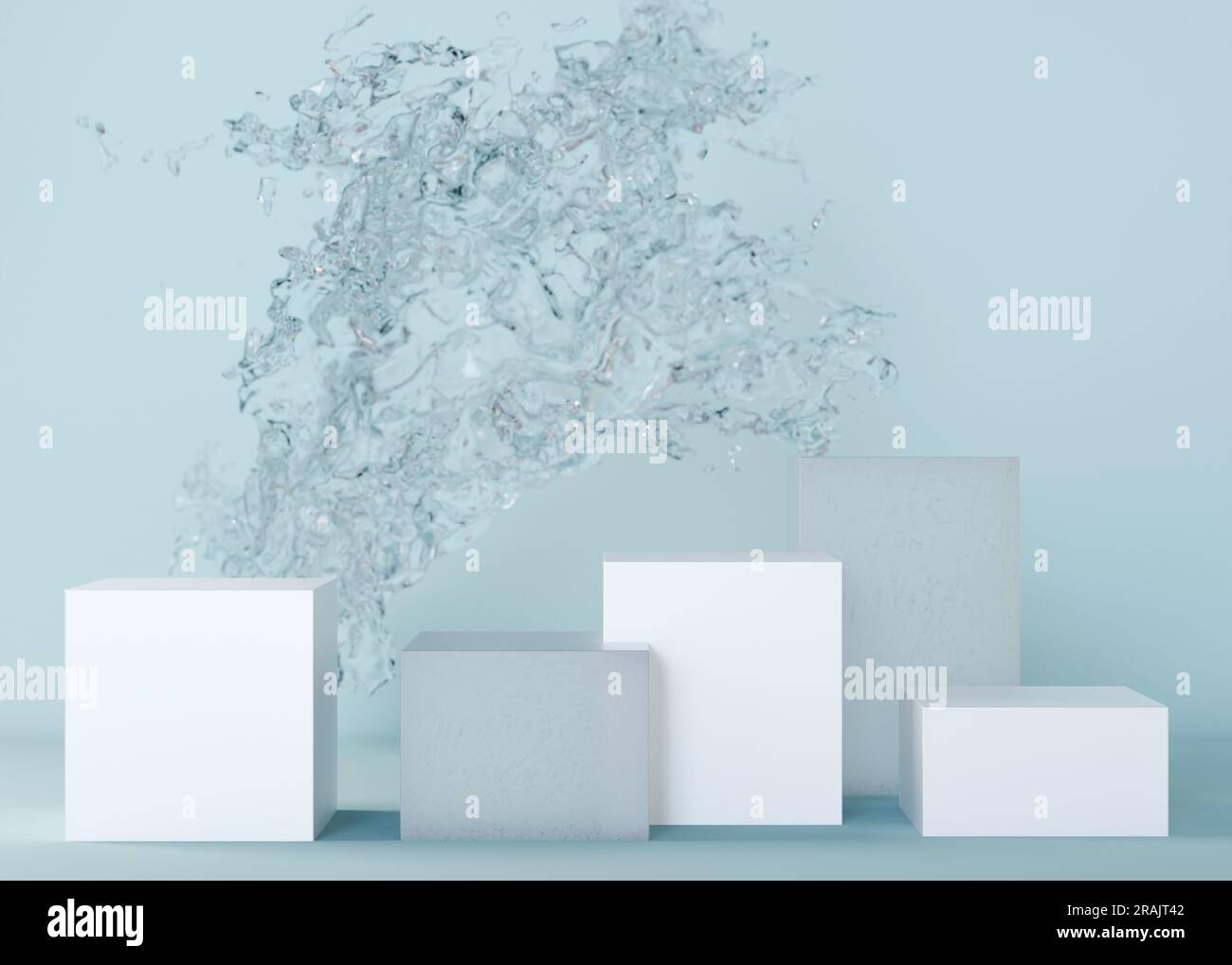 White and glass podiums with water splash on blue background. Mock up ...