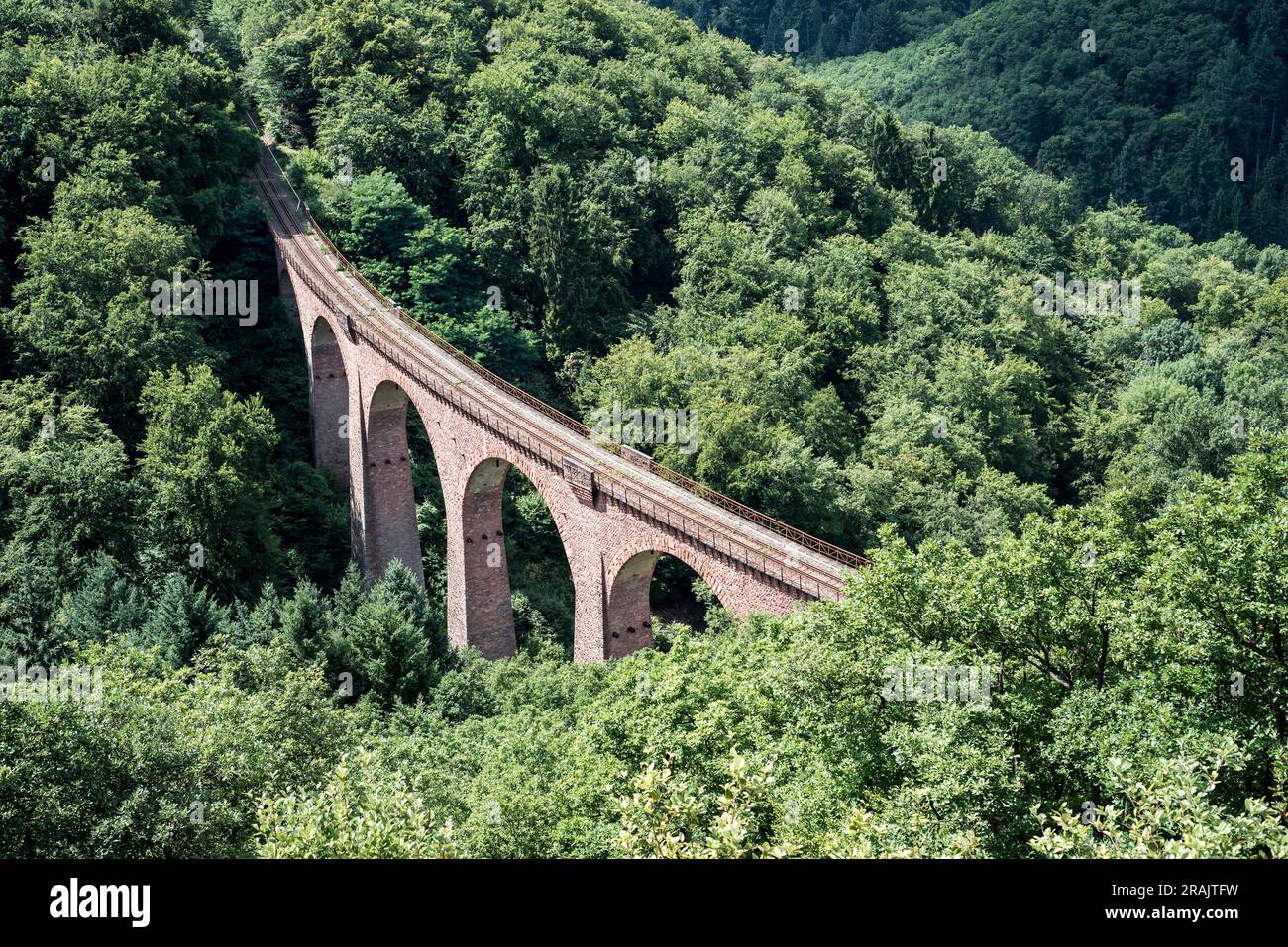 old arch Bridge railway viaduct between hills in the green Forest ...
