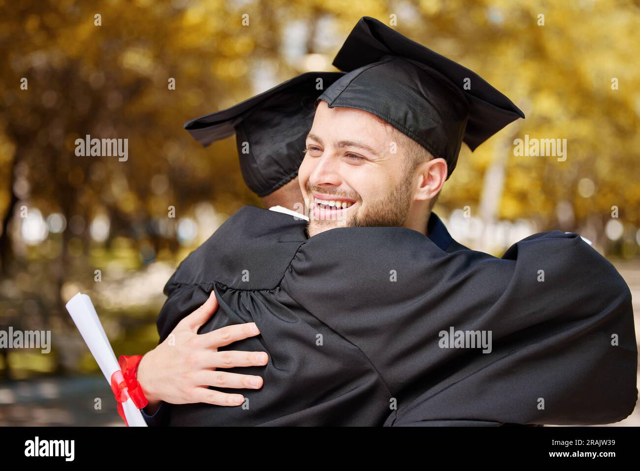 Graduate celebration, happy man and hug of friends for success of ...