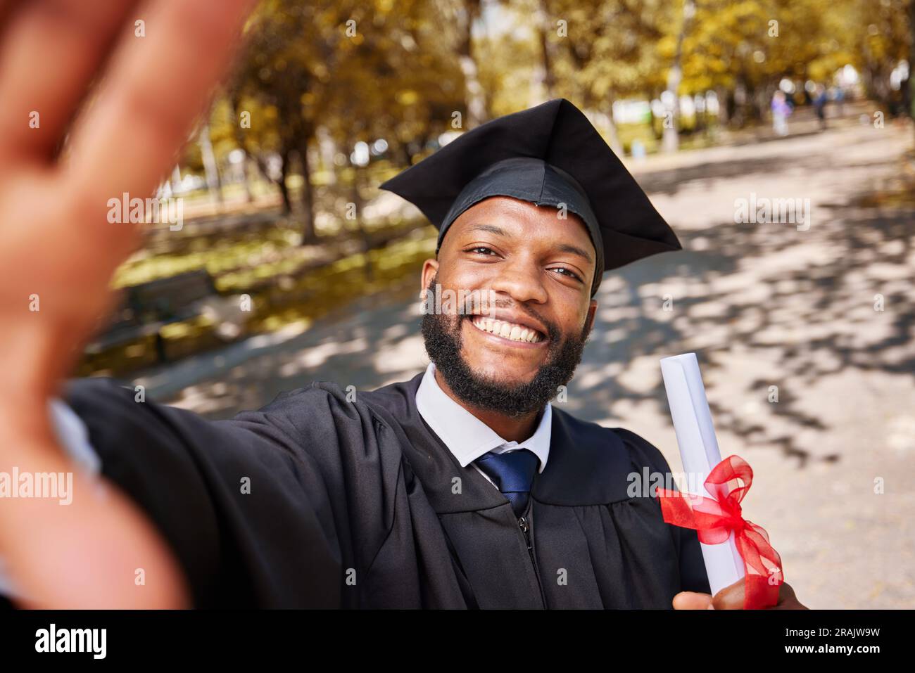 Black man, graduation selfie and diploma for college student, smile and excited for future at ...
