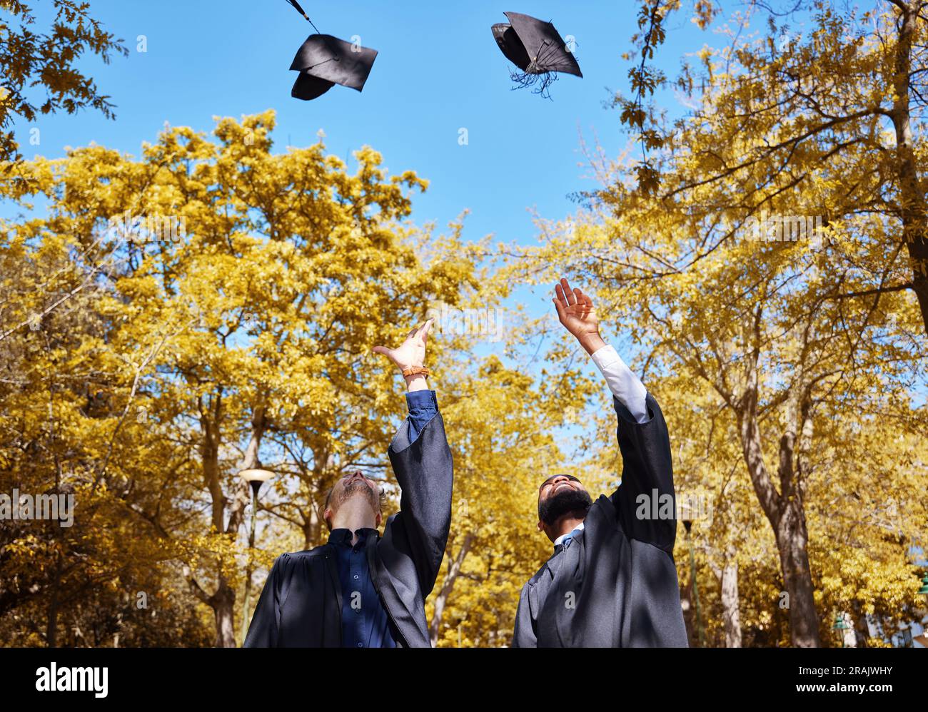 Graduation cap, students or friends and throw in air or sky for ...