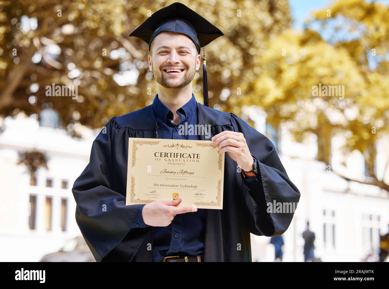 Portrait, graduate and holding certificate with man in with campus for ...