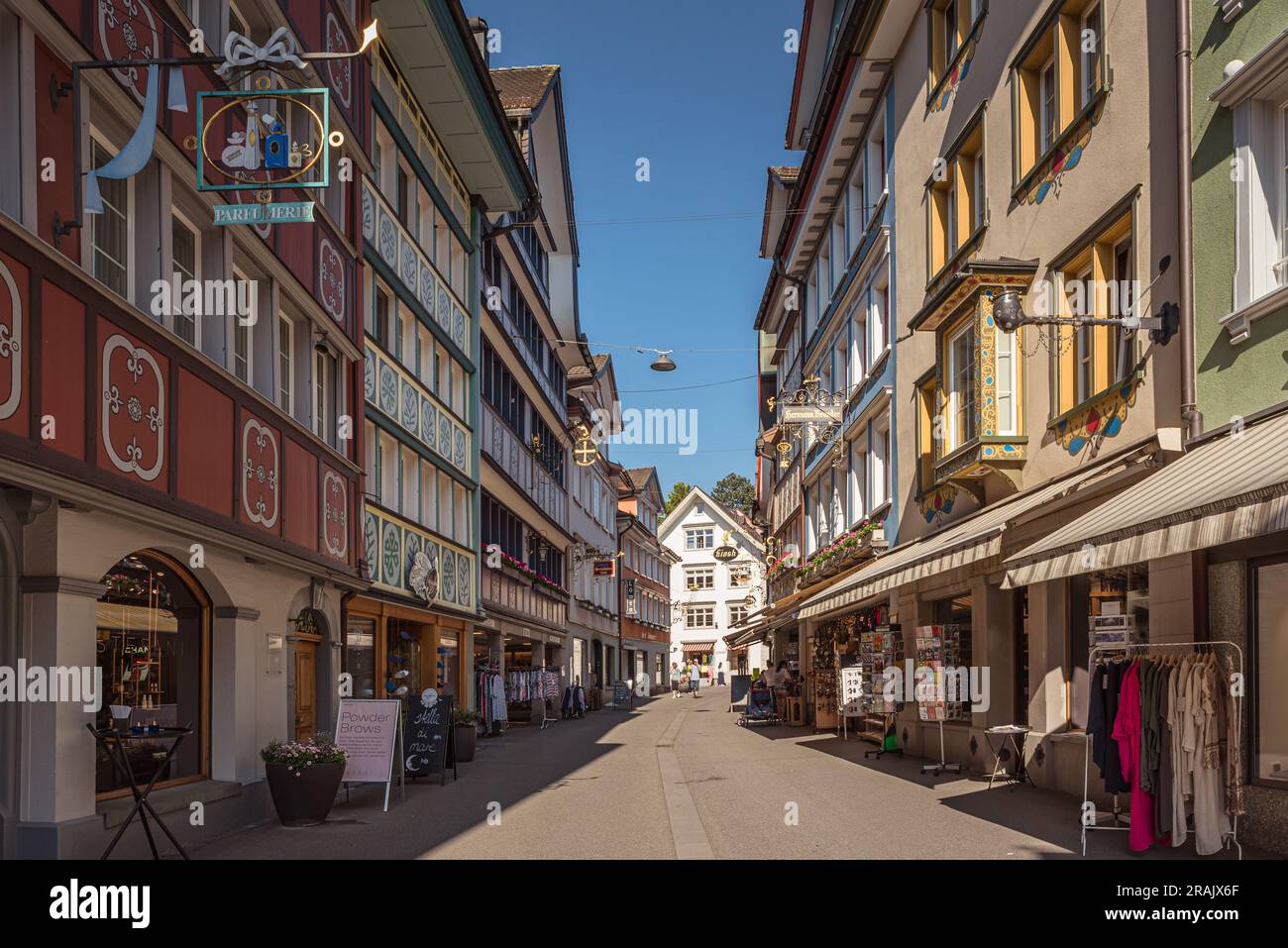 Colorful painted facades of typical Appenzell houses in the main street ...