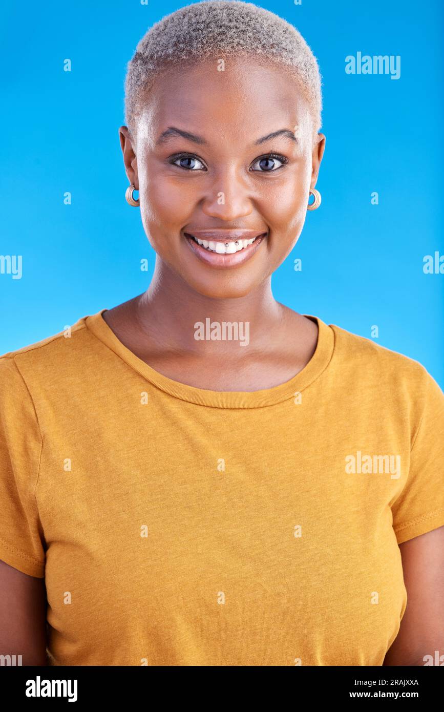 Black woman, smile and happy portrait in studio with a positive mindset ...