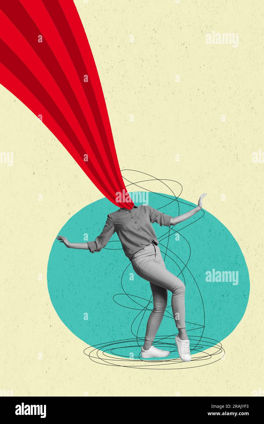 Vertical collage portrait of black white effect headless person dancing ...