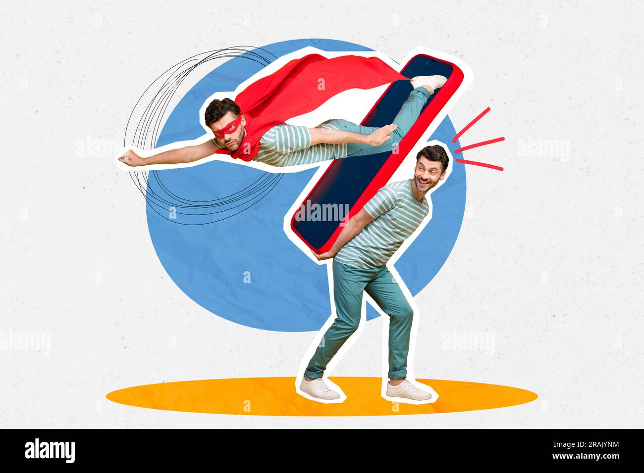Artwork collage image of two excited mini guys hold big smart phone ...