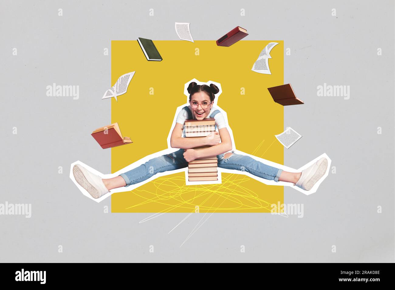 Poster magazine sketch collage of positive cute girl sit hug pile stack ...