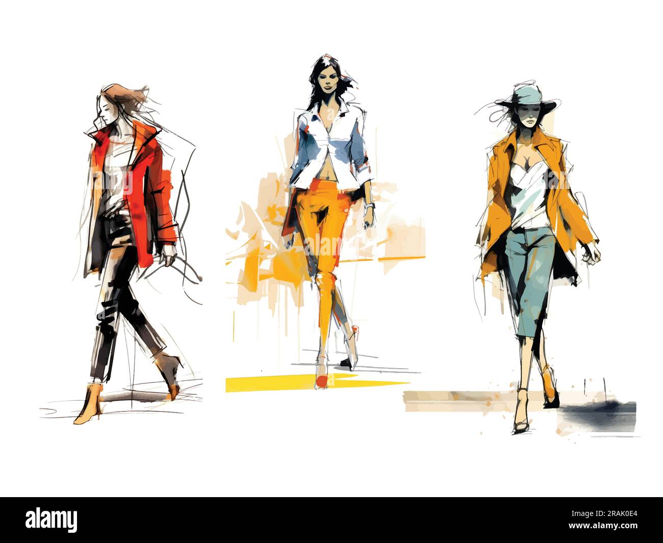 Set of vector illustrations: a fashionably dressed women are walking ...
