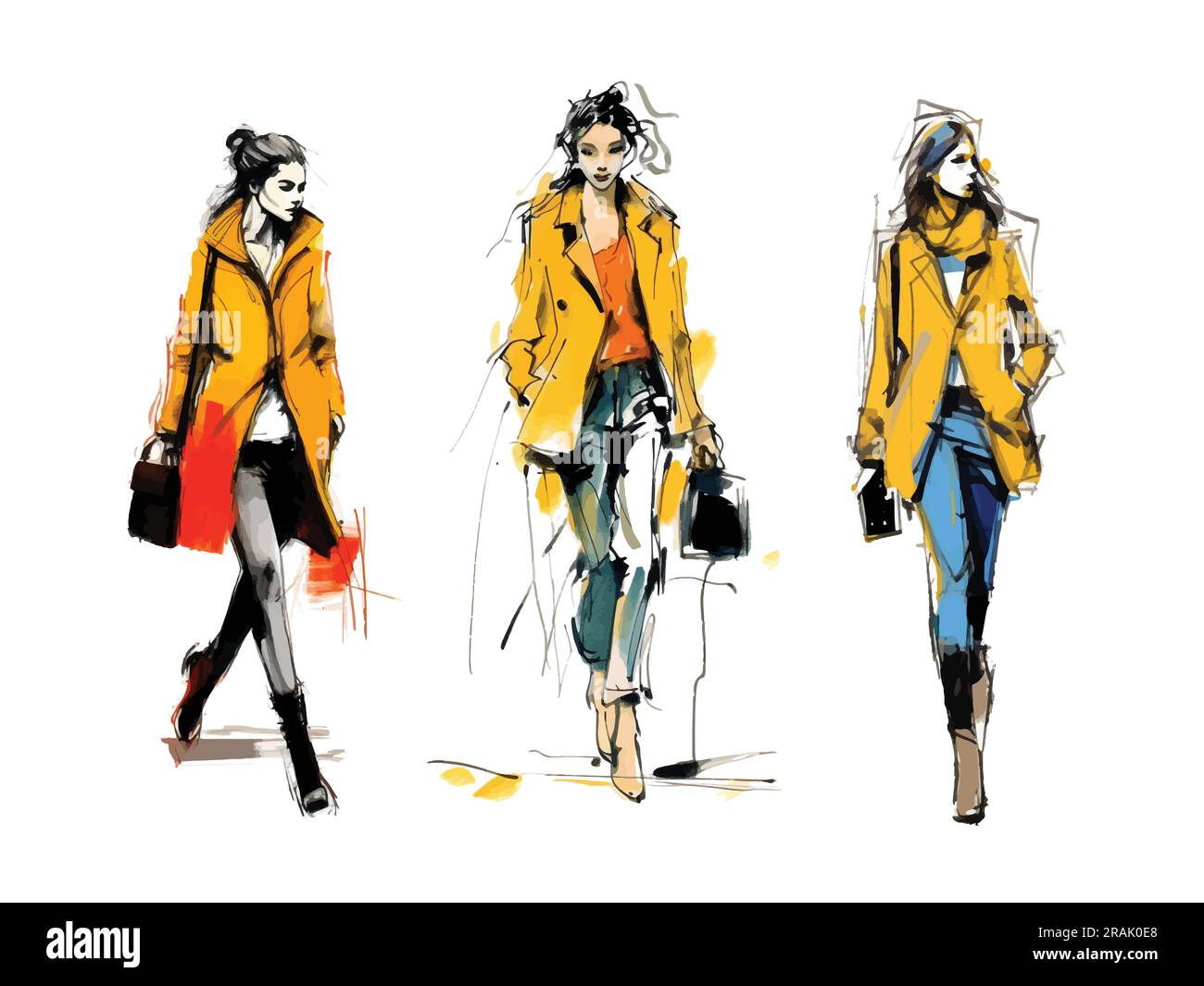 Set of vector illustrations: a fashionably dressed women are walking ...
