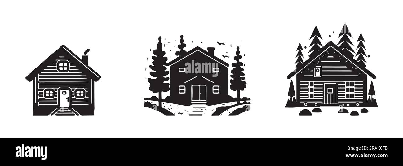 Set of log cabin and alpine fir tree vector illustrations. Masculine ...