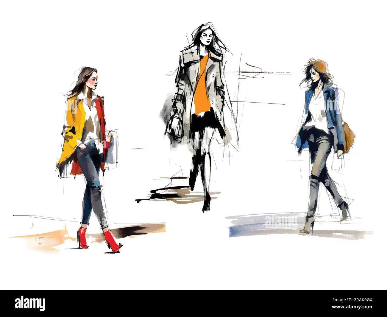 Set of vector illustrations: a fashionably dressed women are walking ...