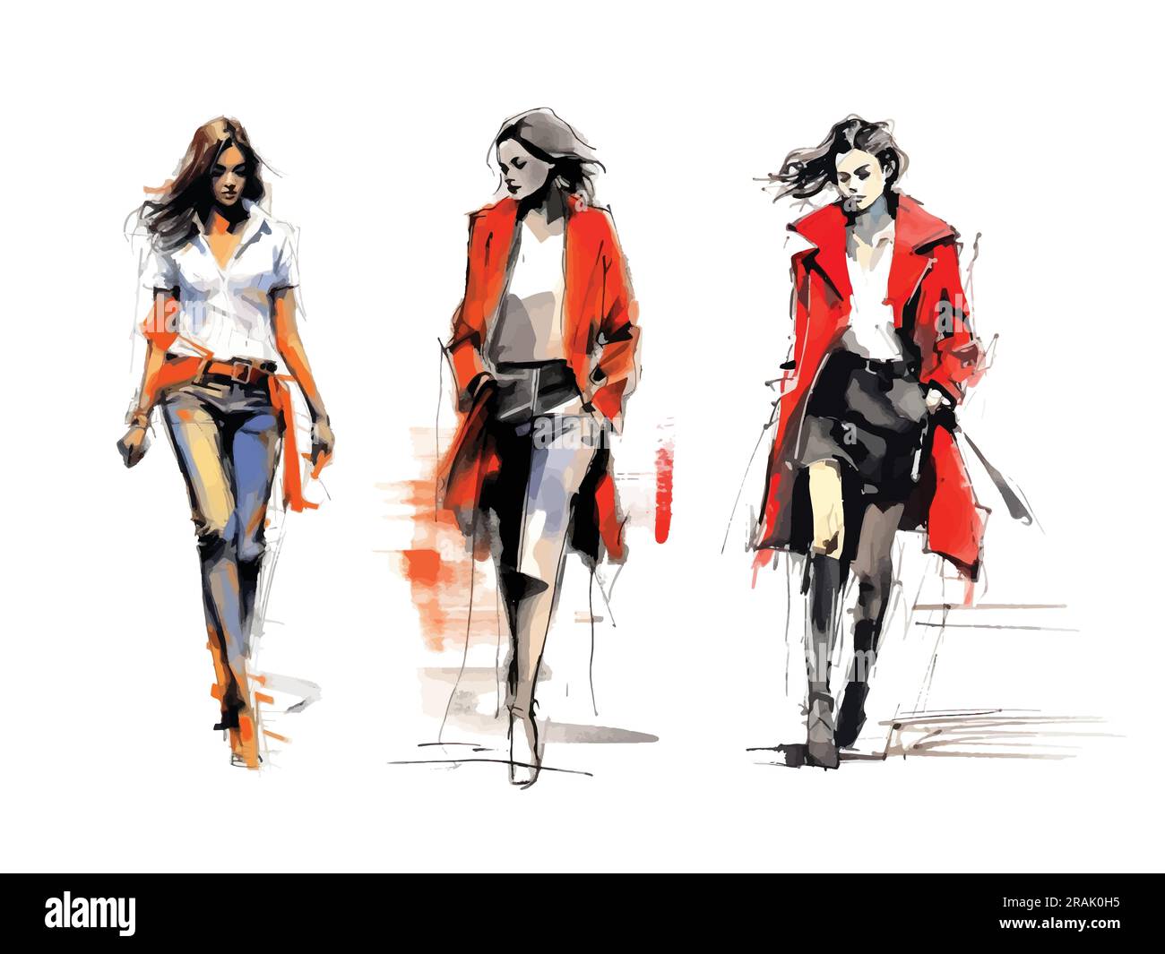 Set of vector illustrations: a fashionably dressed women are walking ...