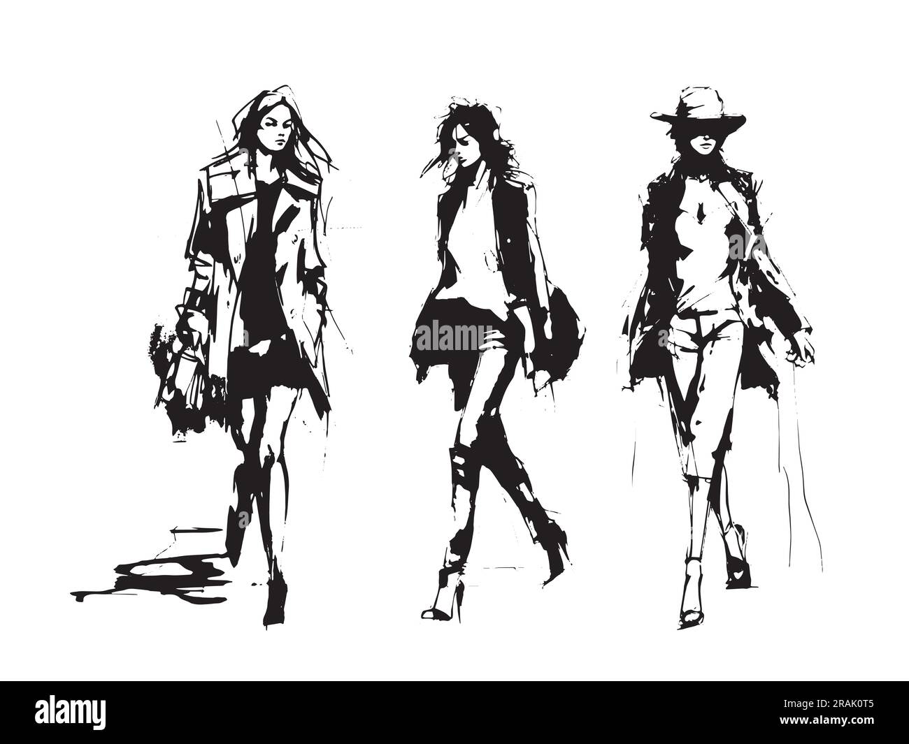 Set of vector illustrations: a fashionably dressed women are walking ...