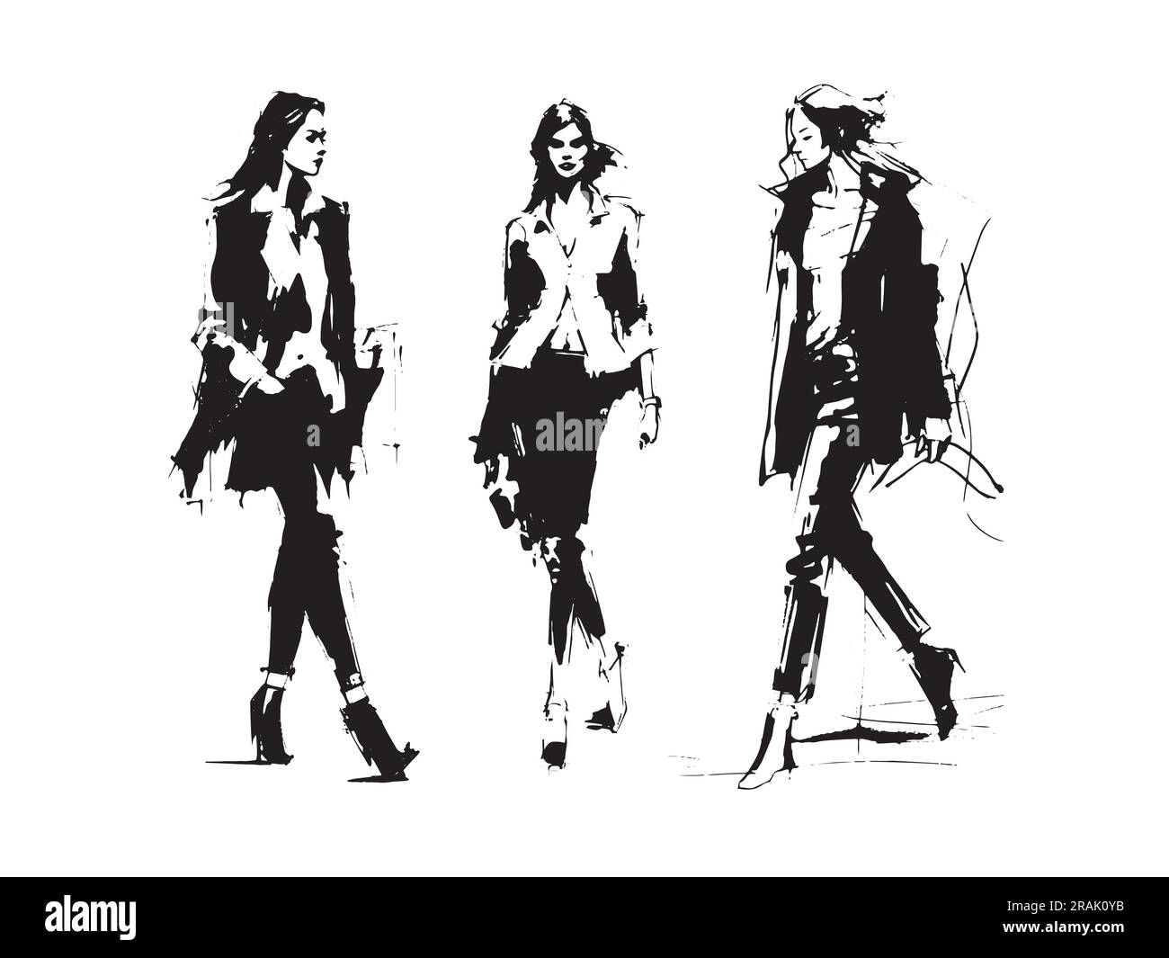Set of vector illustrations: a fashionably dressed women are walking ...