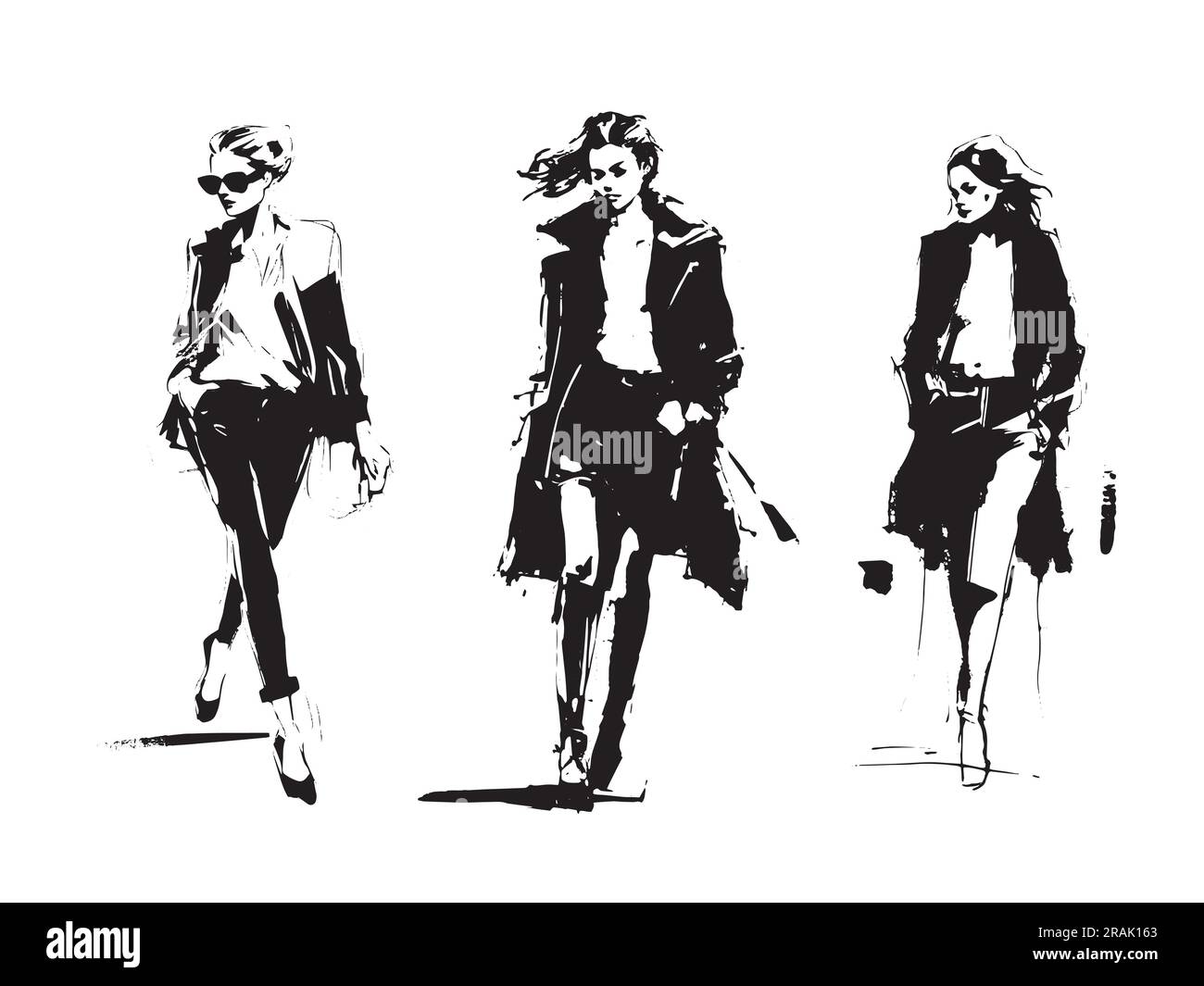 Set of vector illustrations: a fashionably dressed women are walking ...