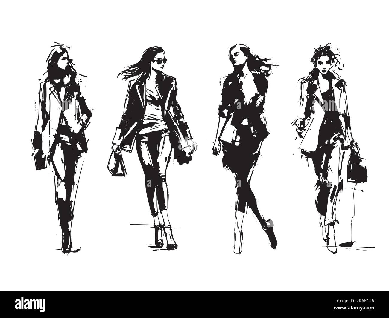 Set of vector illustrations: a fashionably dressed women are walking ...