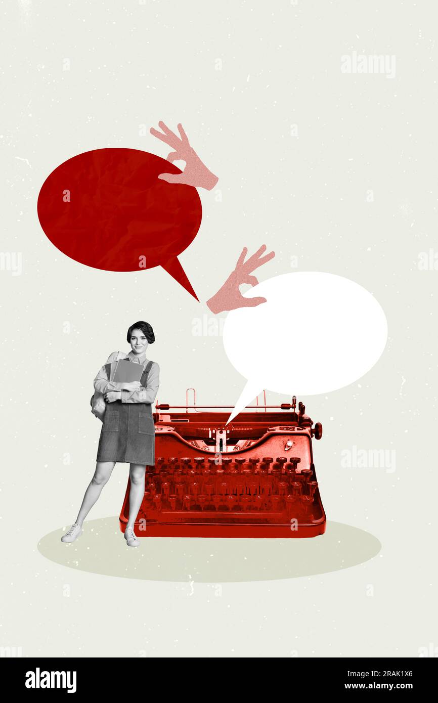 Magazine picture sketch collage image of smiling smart lady typing ...