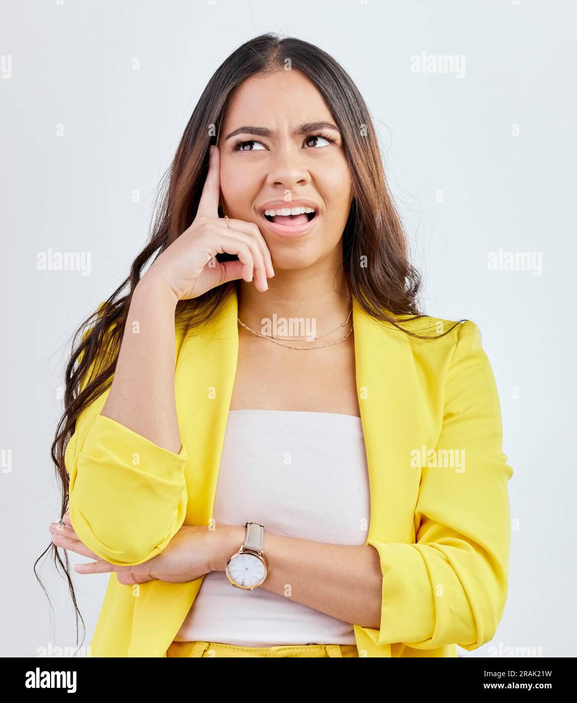 Thinking, professional or woman confused over solution, problem solving ...