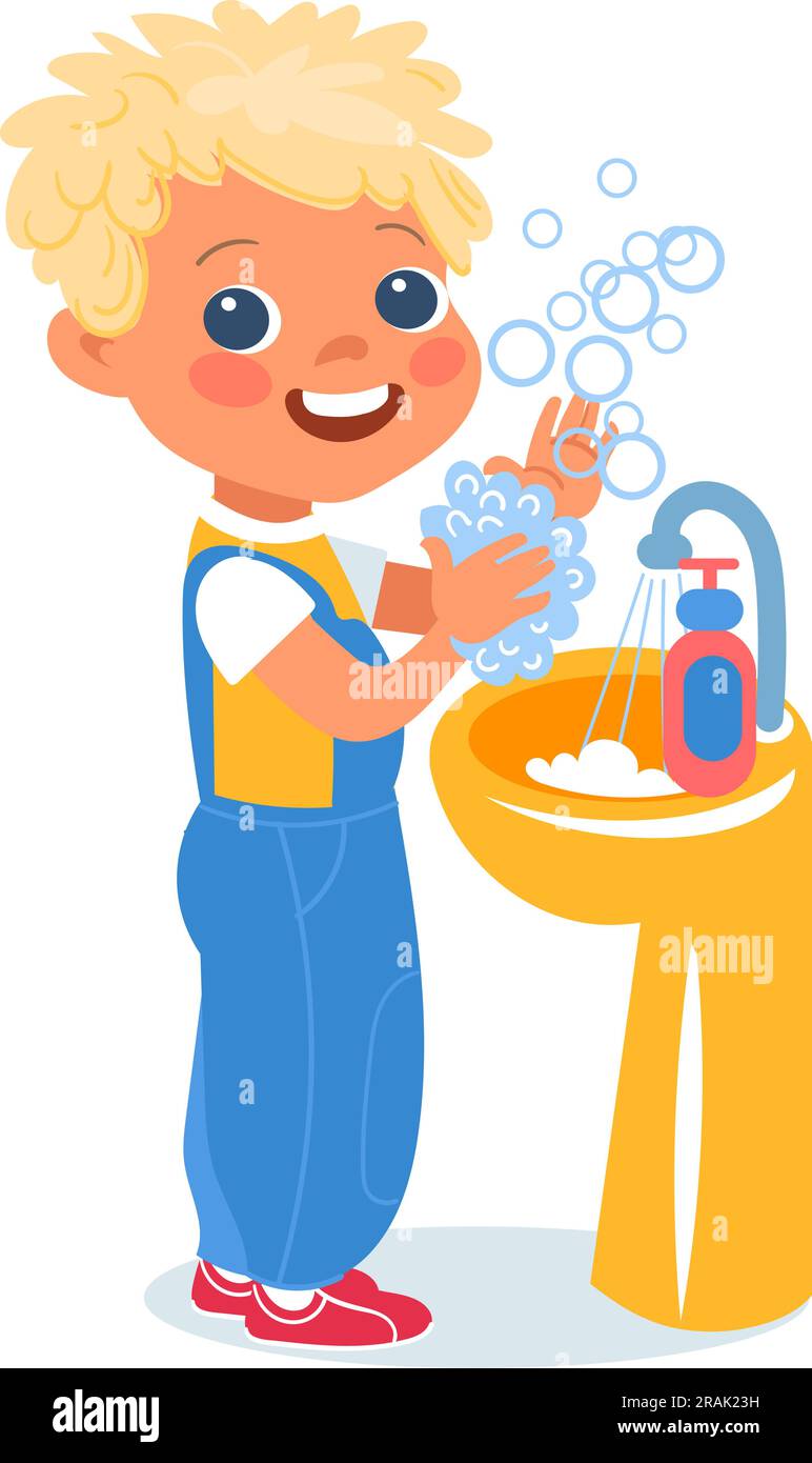 Boy cleaning hands with water and soap. Handwashing poster Stock Vector ...