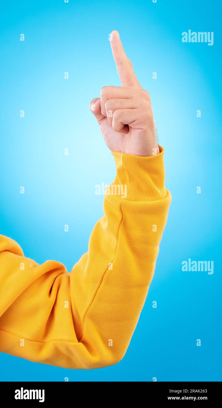 Man, hands and pointing up finger for idea, solution or remember in ...