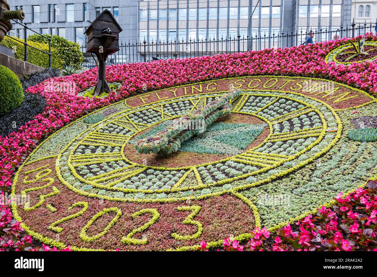 Historic floral clock commemorating Flying Scotsman vintage steam train ...