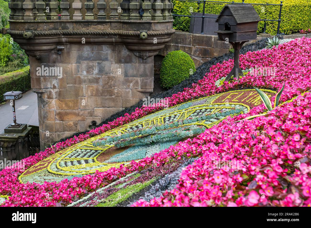 Historic floral clock commemorating Flying Scotsman vintage steam train ...