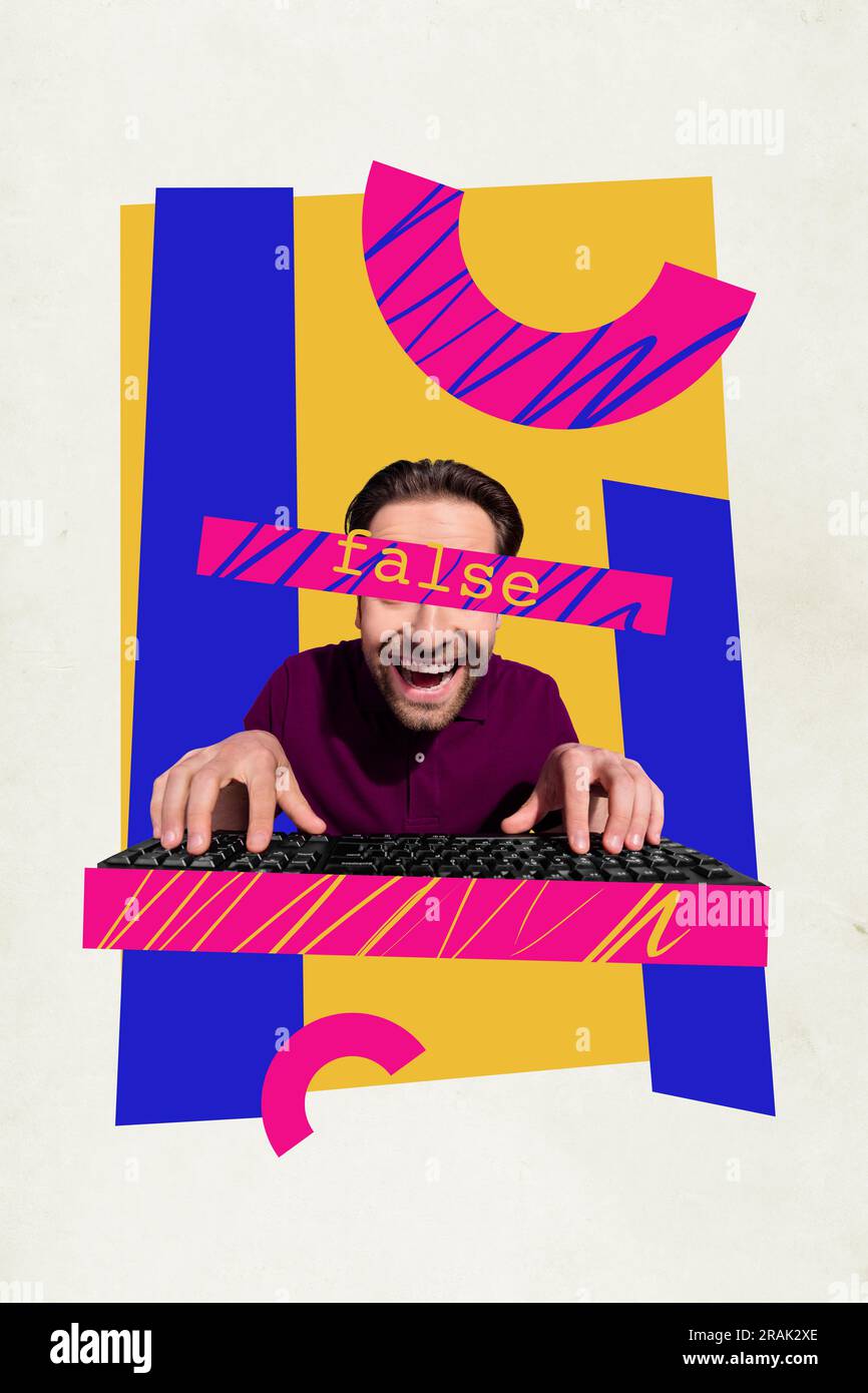 Magazine template collage of excited funky brainwashed guy blogger ...